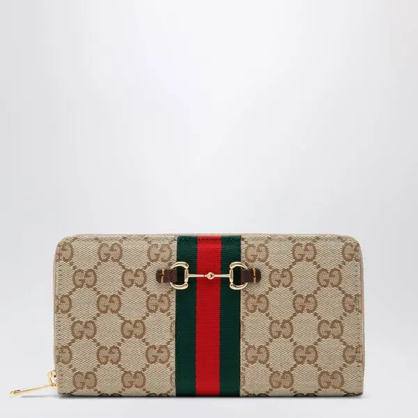 Gucci Horsebit Web Zipped Wallet In Gg Canvas - Beige