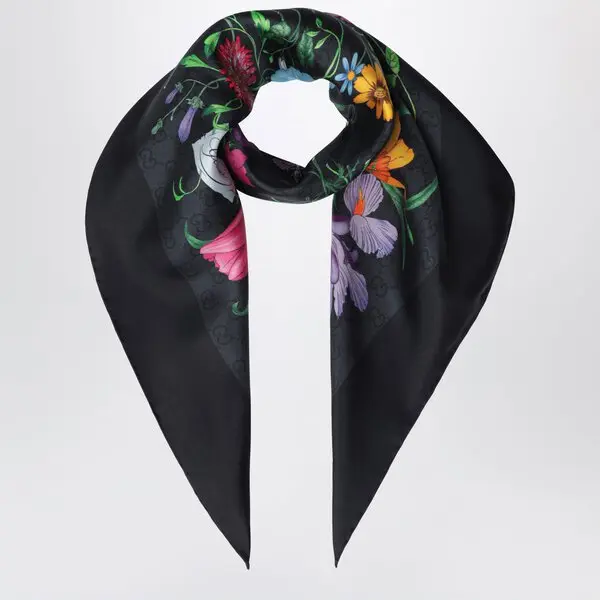 Gucci Silk Twill Carré With Gg Flora Print - Black
