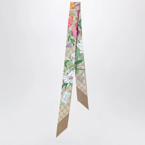 Gucci Silk Ribbon With Gg Flora Print In Light Brown - Multicolor