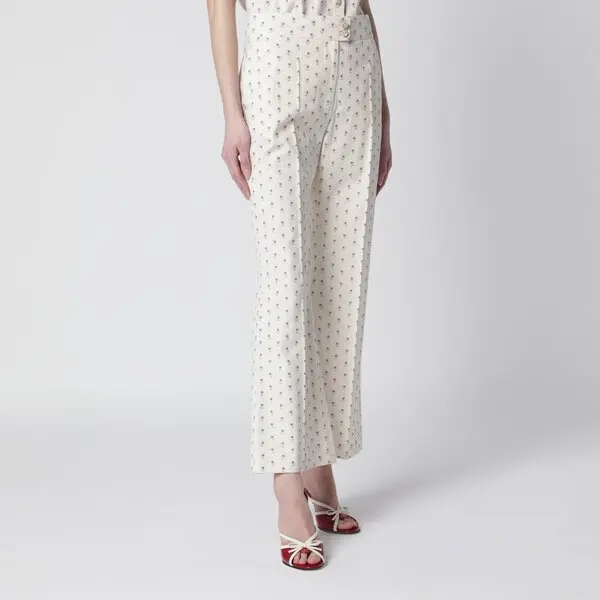 Valentino Garavani Ivory Cotton-blend Trousers With Floral Pattern