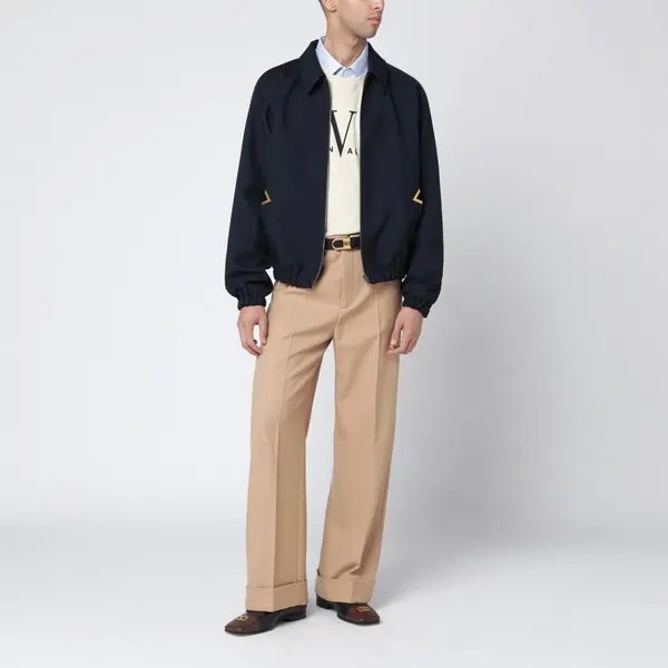 Valentino Garavani Navy Wool Blend Bomber Jacket With Vgold Pockets