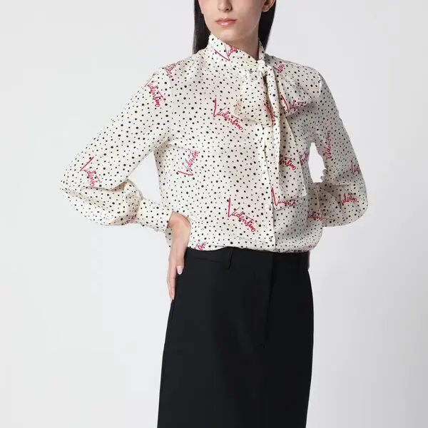 Valentino Garavani Silk Shirt With Logo Print And Tie Neck - Multicolor