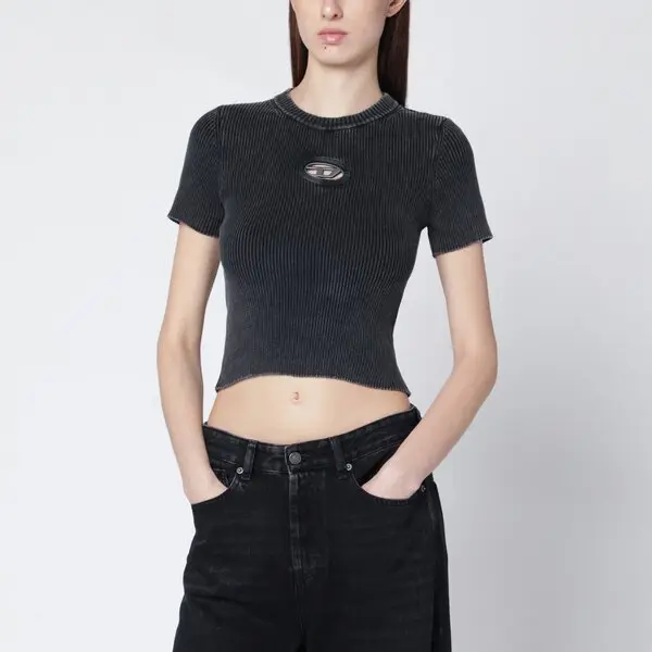 DIESEL® Cropped Washed T-shirt With Metallic Oval D