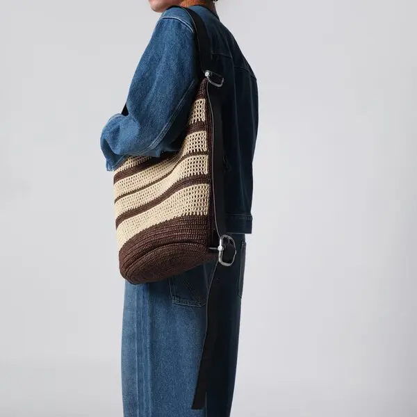 Loewe Loop Striped Raffia Bucket Bag
