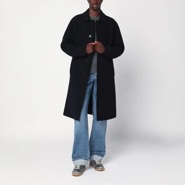Harris Wharf London Navy Virgin Wool Single-breasted Coat
