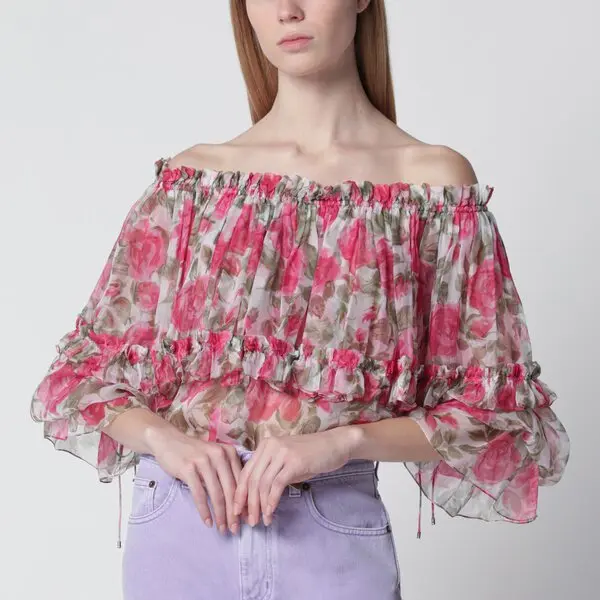 Chloé Puff Sleeve Off-shoulder Silk Top - Multicolor