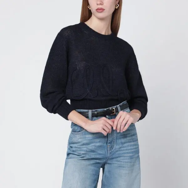 Chloé Navy Alpaca-blend Crewneck Sweater With Embroidered Logo