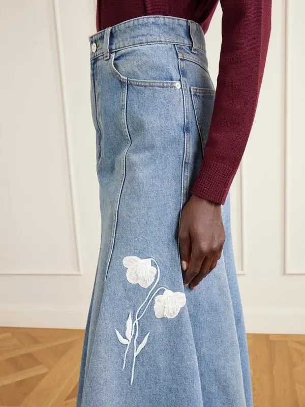 Erdem Embroidered Denim Midi Skirt