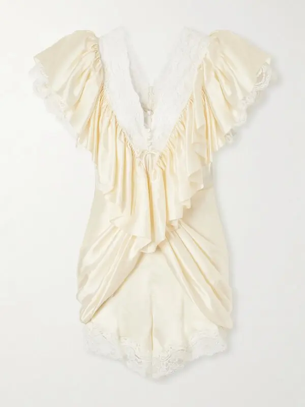 Chloé Ruffled Lace-trimmed Silk-satin Playsuit - Neutrals