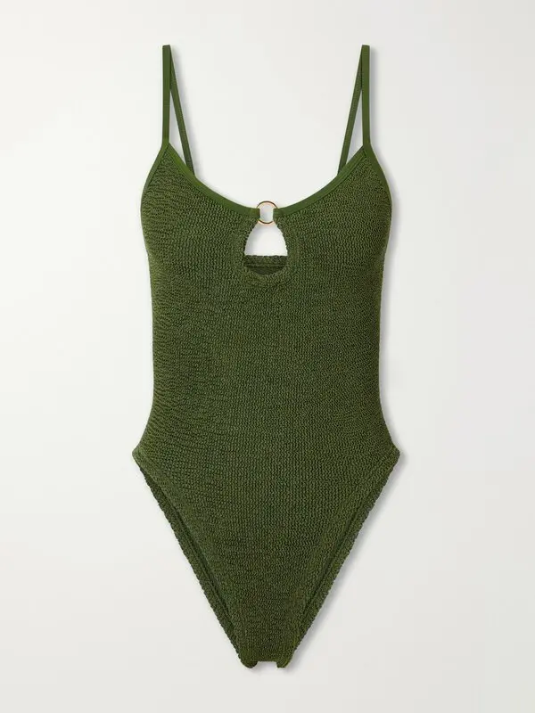 Hunza G Mia Embellished Cutout One Piece Swimsuit In Original Crinkle™ Fabric - Green
