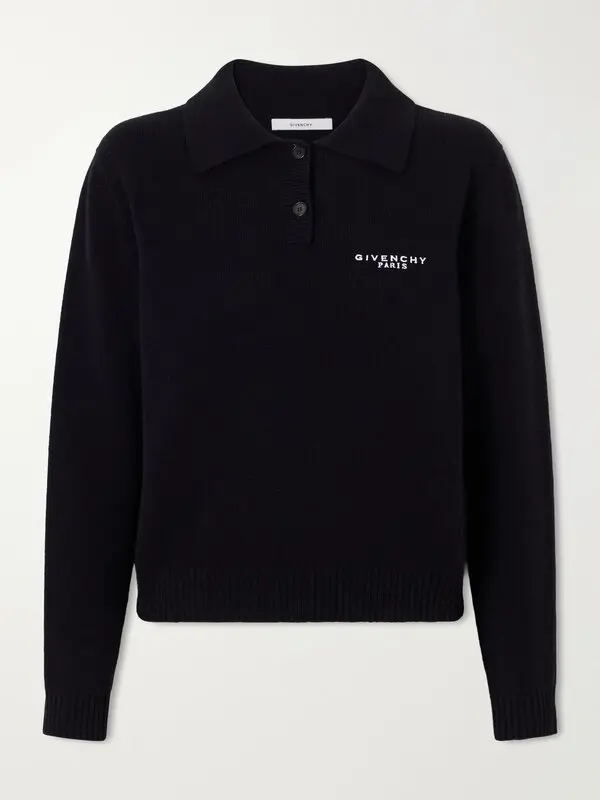 Givenchy Logo-embroidered Wool And Cashmere-blend Polo Sweater - Black