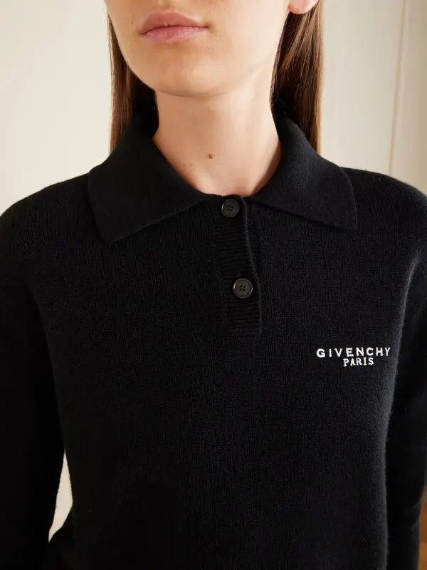 Givenchy Logo-embroidered Wool And Cashmere-blend Polo Sweater - Black