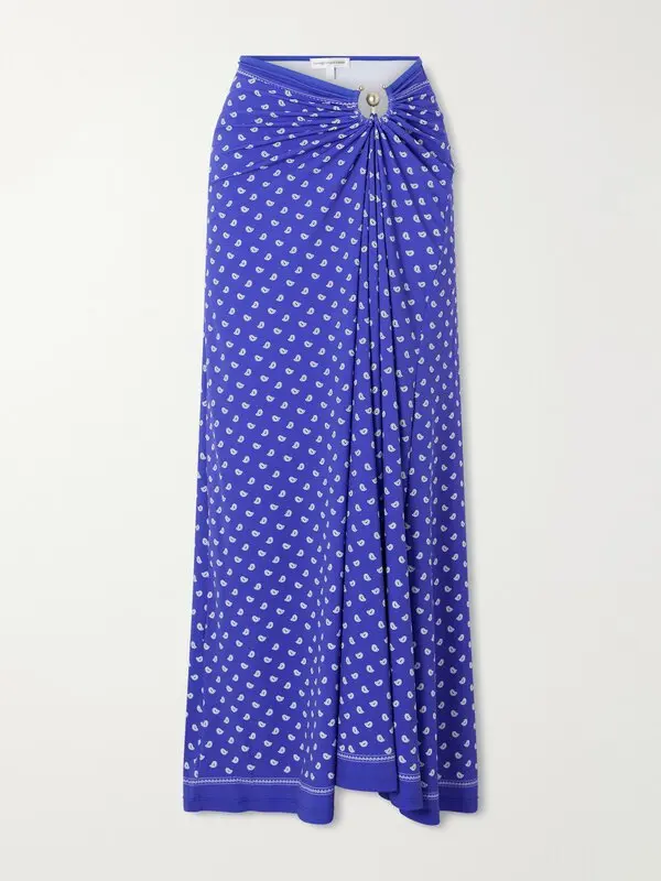 Christopher Esber Orbit Embellished Ruched Printed Stretch-jersey Maxi Skirt - Purple
