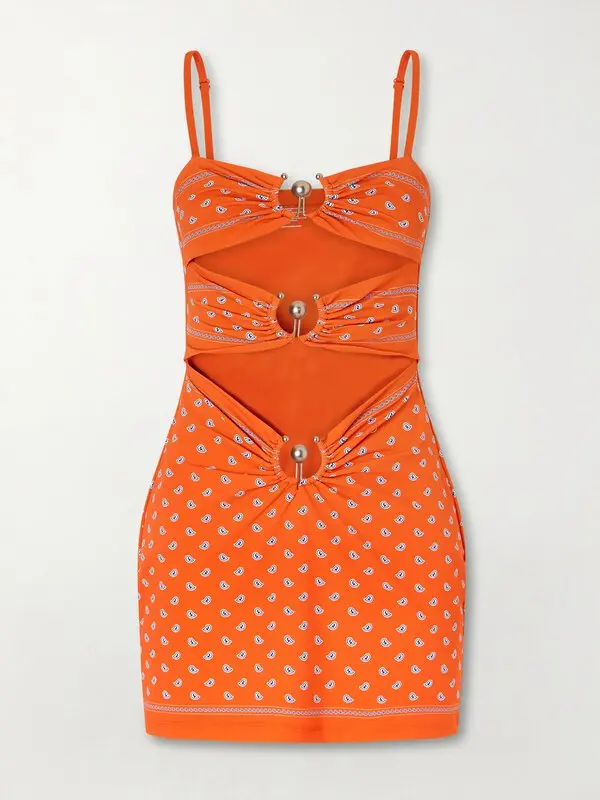 Christopher Esber Orbit Embellished Ruched Cutout Printed Stretch-jersey Mini Dress - Orange