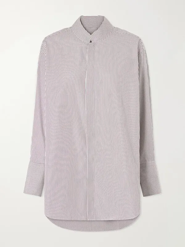 Comme Si Mandarin Collar Striped Cotton Poplin Tunic Shirt