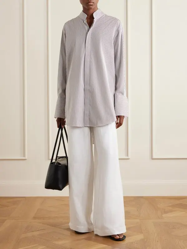 Comme Si Mandarin Collar Striped Cotton Poplin Tunic Shirt