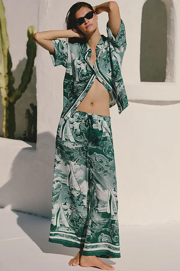 CELANDINE Linen Wide-leg Pants - Green Pattern