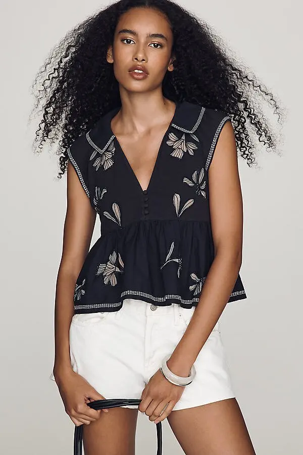 Anthropologie Cotton Cutwork Peplum Top - Black