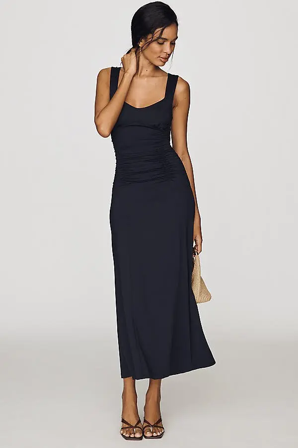 Maeve Square-neck Ruched Knit Midi Dress - Black