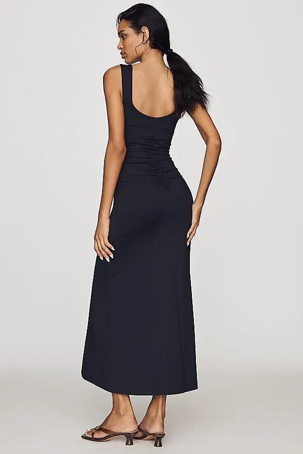 Maeve Square-neck Ruched Knit Midi Dress - Black