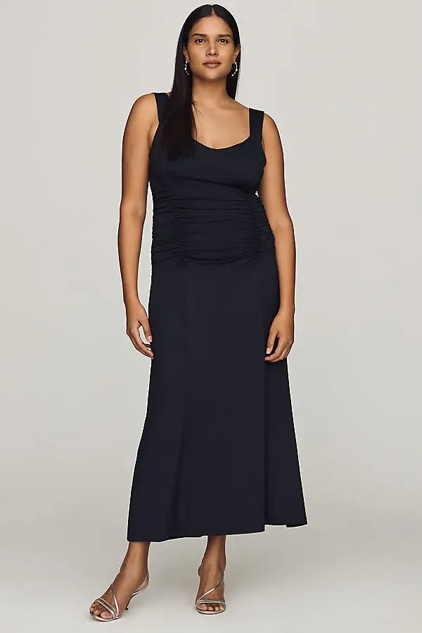 Maeve Square-neck Ruched Knit Midi Dress - Black