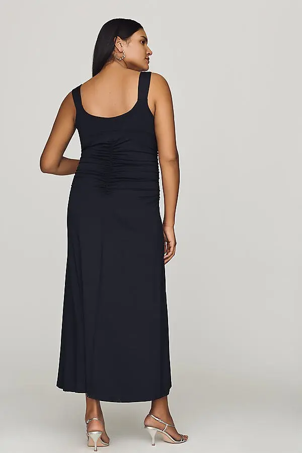 Maeve Square-neck Ruched Knit Midi Dress - Black