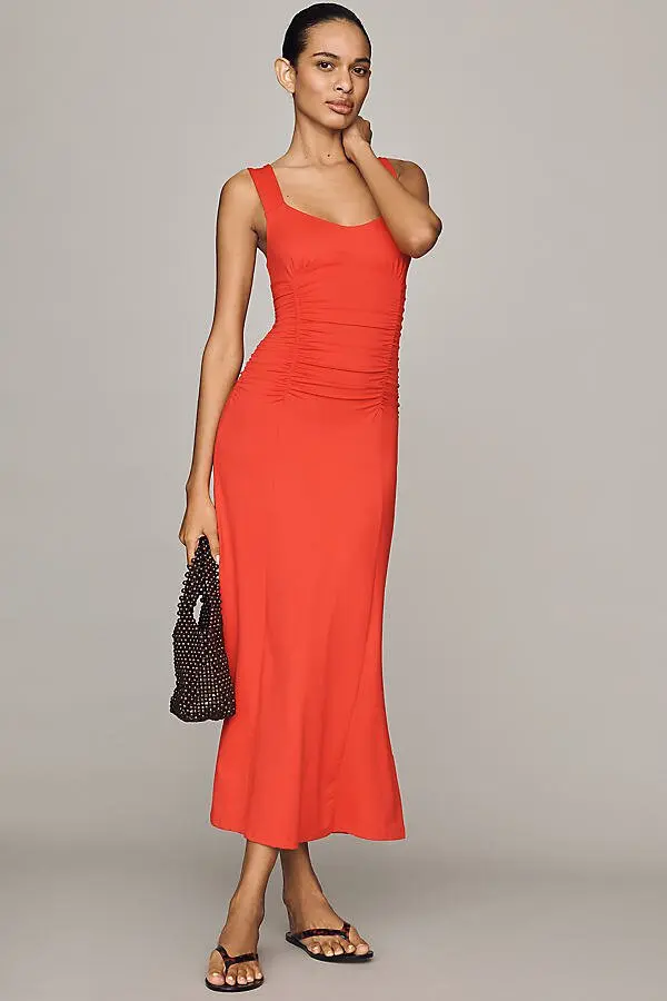 Maeve Square-neck Ruched Knit Midi Dress - Red