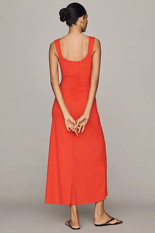 Maeve Square-neck Ruched Knit Midi Dress - Red