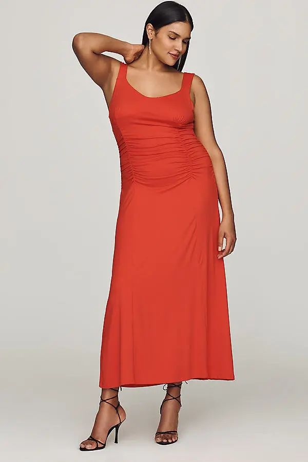 Maeve Square-neck Ruched Knit Midi Dress - Red