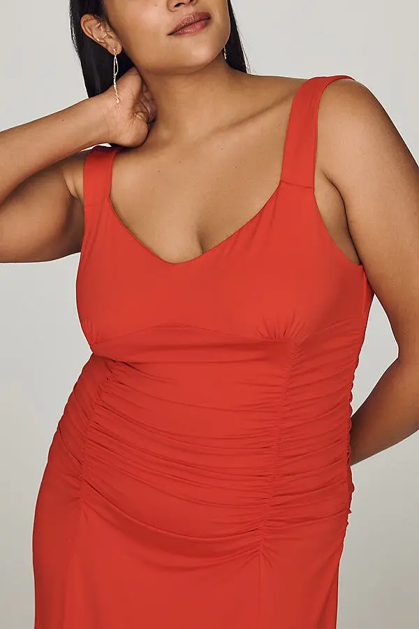 Maeve Square-neck Ruched Knit Midi Dress - Red