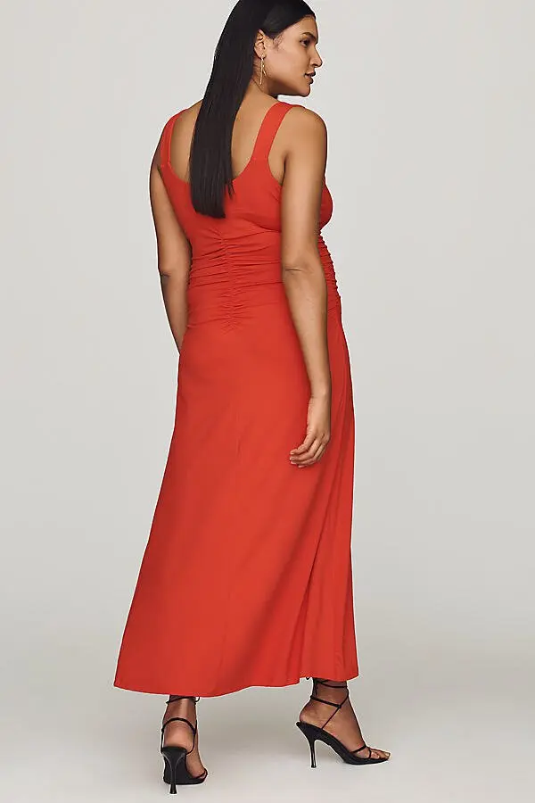 Maeve Square-neck Ruched Knit Midi Dress - Red
