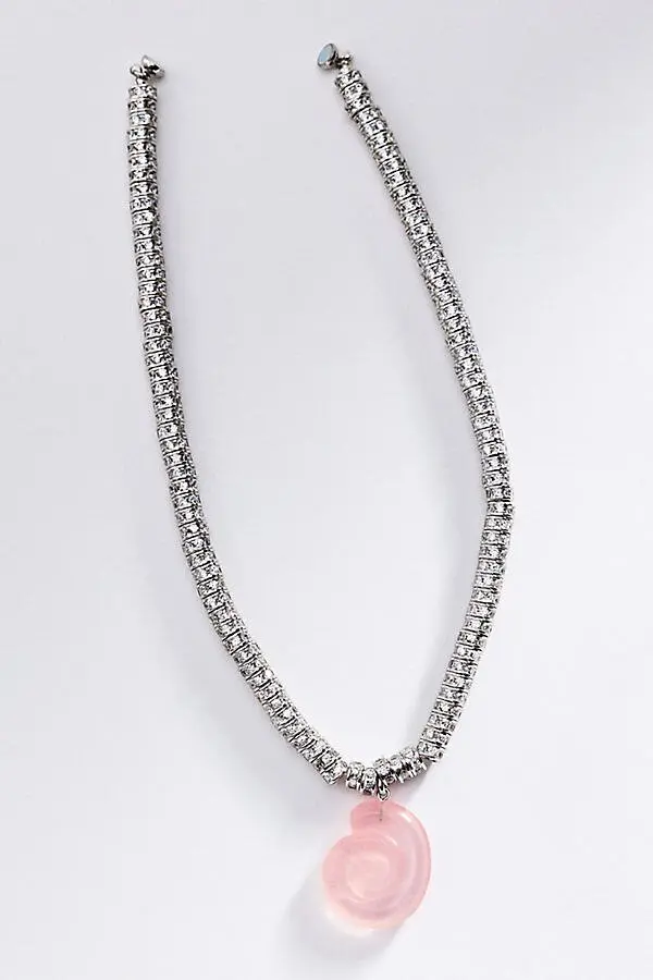 LUV AJ Rose Quartz Rhinestone Necklace - Silver