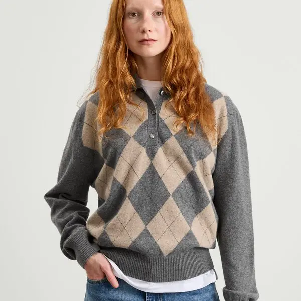 RÓHE Argyle Mouliné Wool Polo - Grey/oat Check
