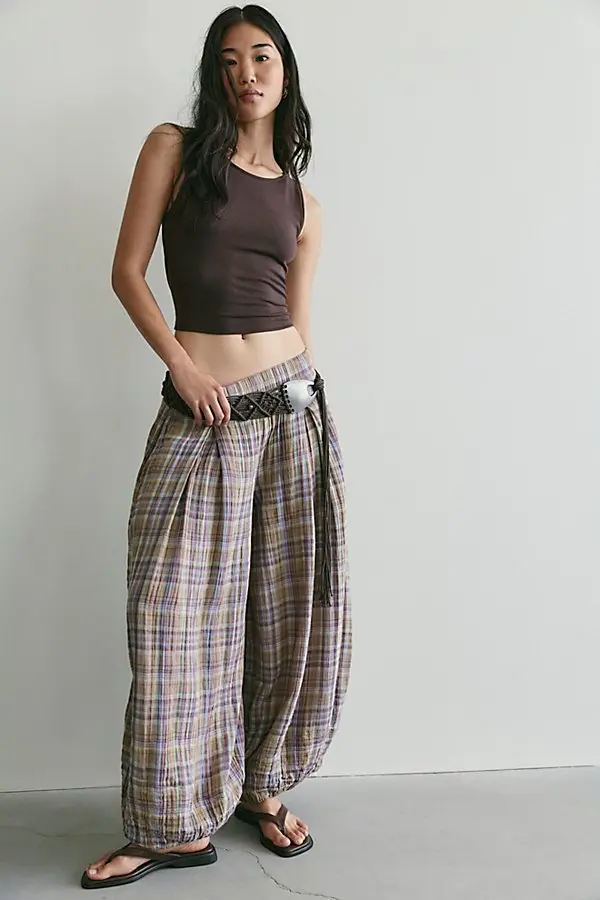 Free People Moonflower Plaid Pull-on Balloon Pants - Lav Combo