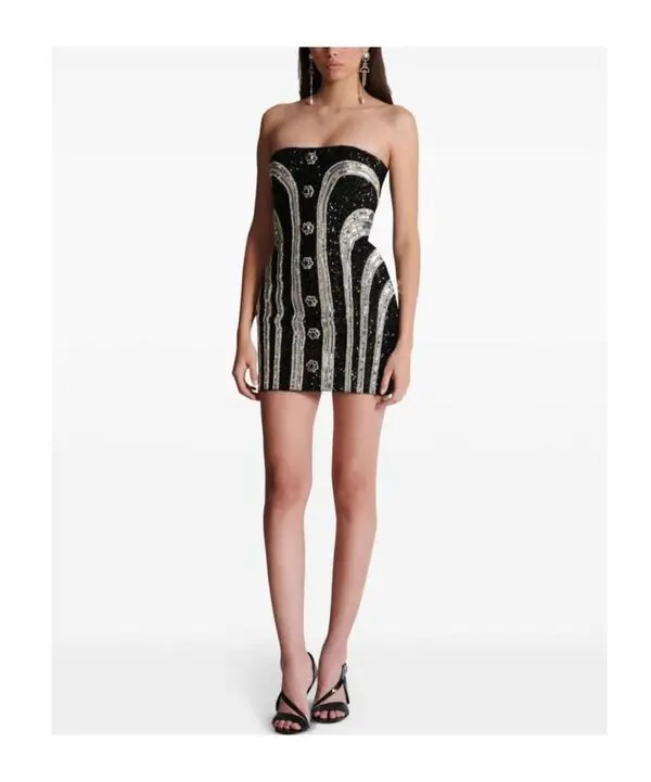 Balmain Embroidered Bustier Stripe Short Dress