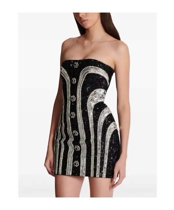 Balmain Embroidered Bustier Stripe Short Dress