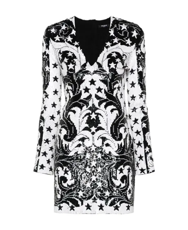 Balmain V-neck Sequin Embellished Mini Dress - Black
