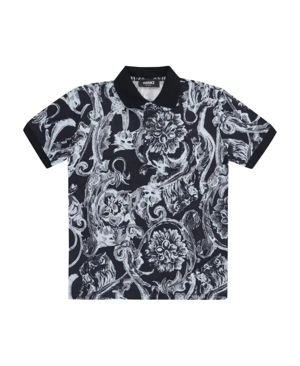Versace Pique Polo Shirt With Printed Pattern - Black
