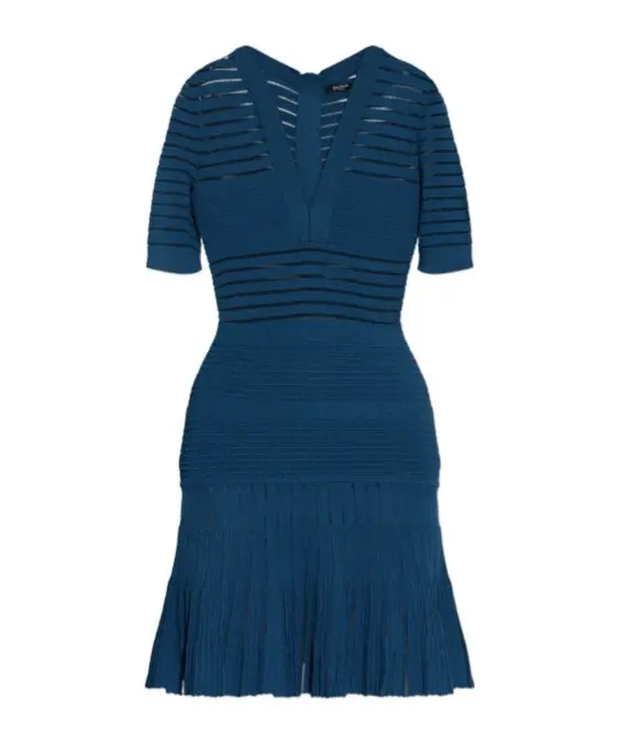 Balmain Sheer Knit Pleated V-neck Dress - No