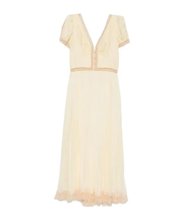 SELF-PORTRAIT Pleated Lace Midi Dress With Pearl Buttons - No