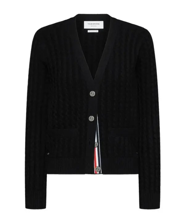 Thom Browne Cable-knit V-neck Cardigan With Rwb Grosgrain Piping - Black