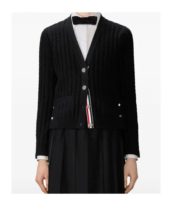 Thom Browne Cable-knit V-neck Cardigan With Rwb Grosgrain Piping