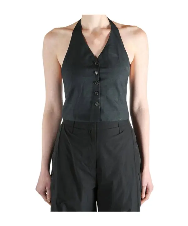 AMOMENTO Halterneck Button-up Top - Black