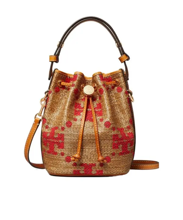 Tory Burch T Monogram Straw Mini Bucket Bag
