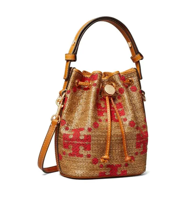 Tory Burch T Monogram Straw Mini Bucket Bag