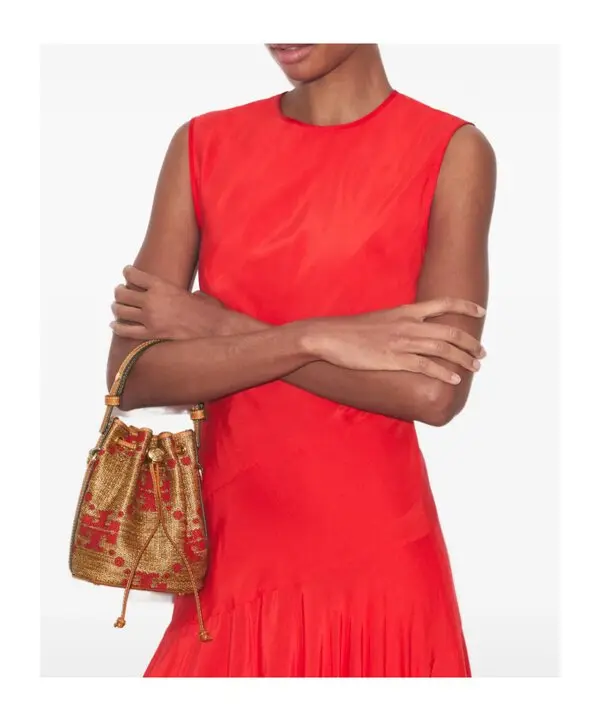 Tory Burch T Monogram Straw Mini Bucket Bag