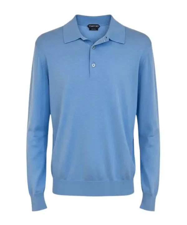 TOM FORD Collared Long Sleeve Knit Polo - Blue