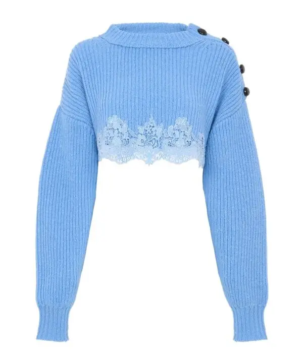 Chloé Cropped Sweater In A Merino Wool Knit Lace - Blue