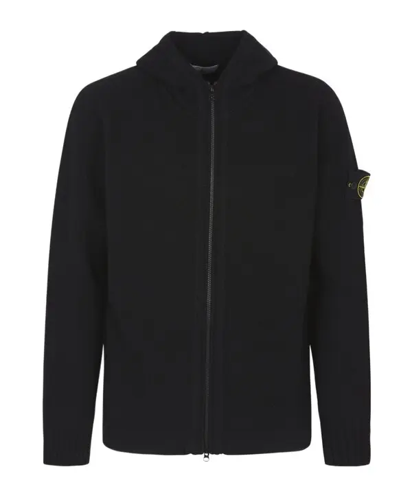 Stone Island Logo Patch Hooded Cardigan - Black