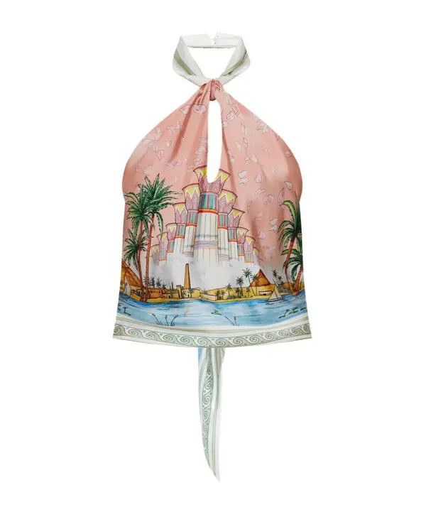 Casablanca Halterneck Top With Geometric Print Piping - Multicolor